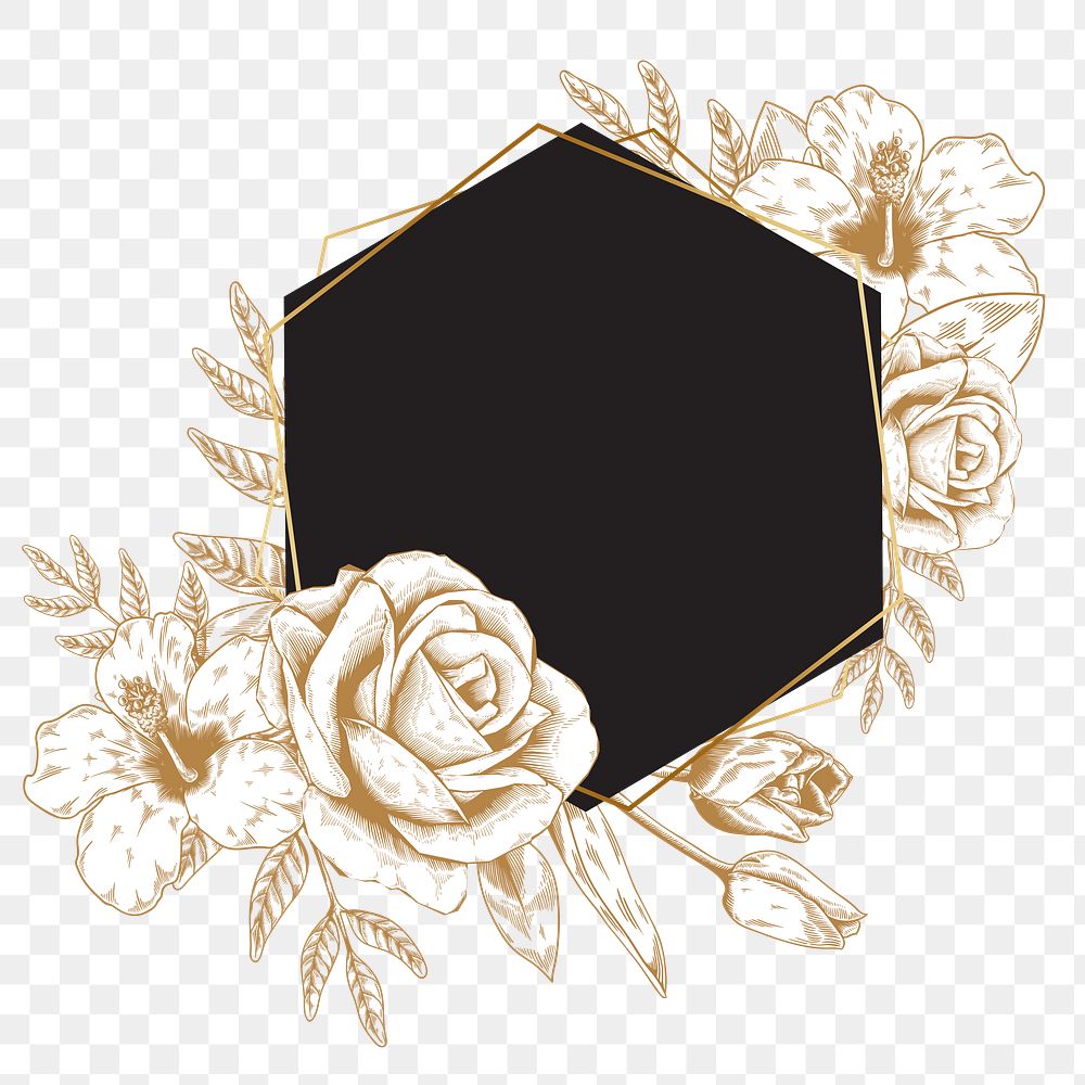 Hexagon gold floral frame design | Free PNG Sticker - rawpixel