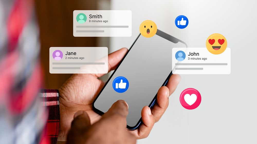 phone showing social media reactions, | Premium Editable Design - rawpixel