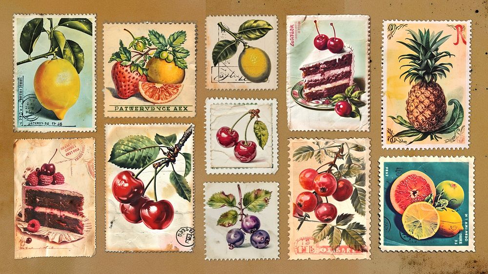 Vintage fruits postage stamp element | Premium Editable Design - rawpixel