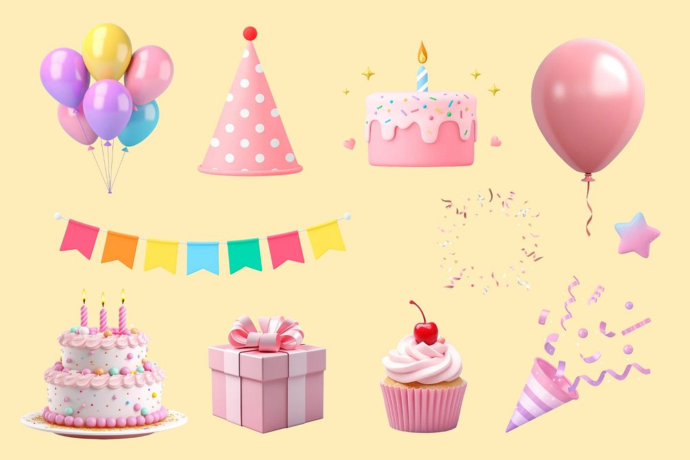 3D birthday party element set, | Premium Editable Design - rawpixel