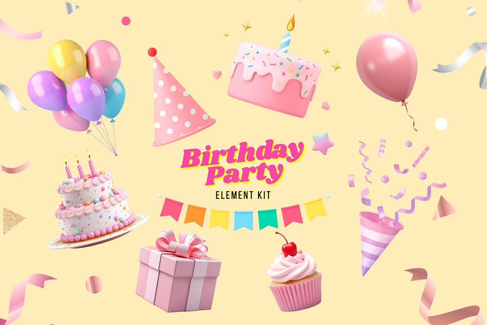 3D birthday party element set, | Premium Editable Design - rawpixel
