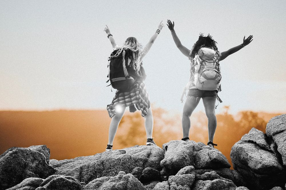 Backpacker friends hiking together, editable | Premium Editable Design ...