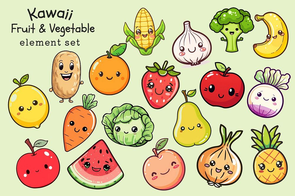 Editable Kawaii fruits and veggies | Premium Editable Design - rawpixel