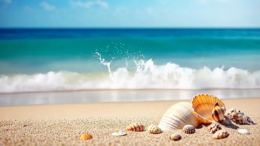 serene beach scene seashells foreground | Free Video - rawpixel