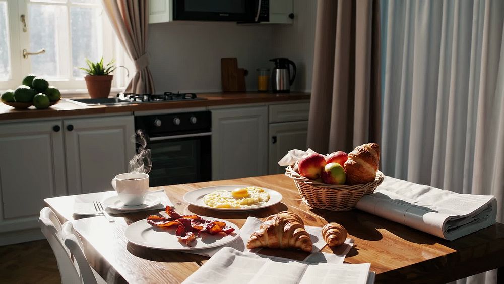 cozy kitchen table scene breakfast, | Free Video - rawpixel