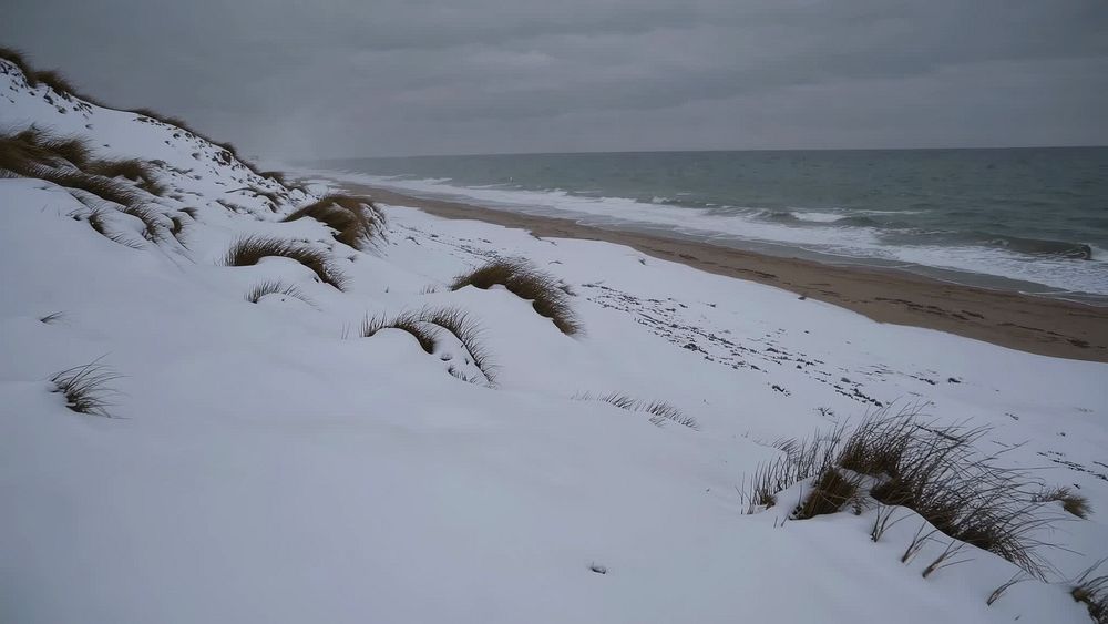 serene winter beach scene snow-covered | Free Video - rawpixel