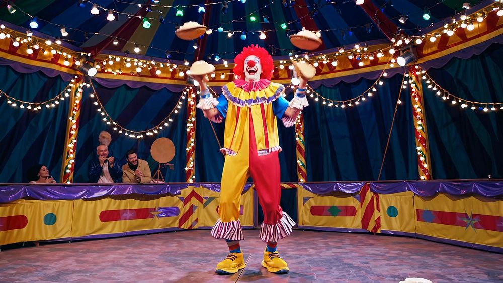 colorful clown juggles pies circus | Free Video - rawpixel