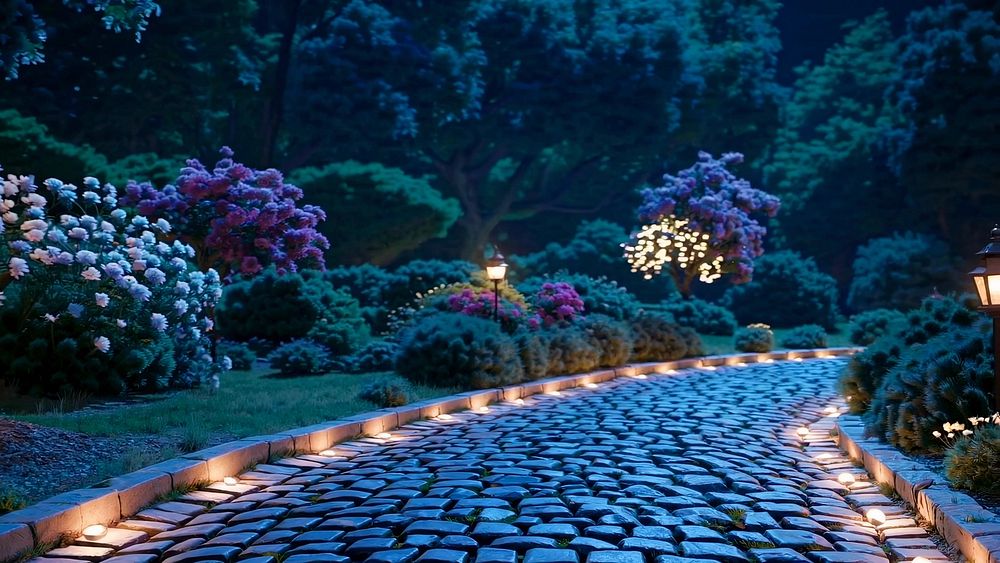 serene garden path night, illuminated | Free Video - rawpixel