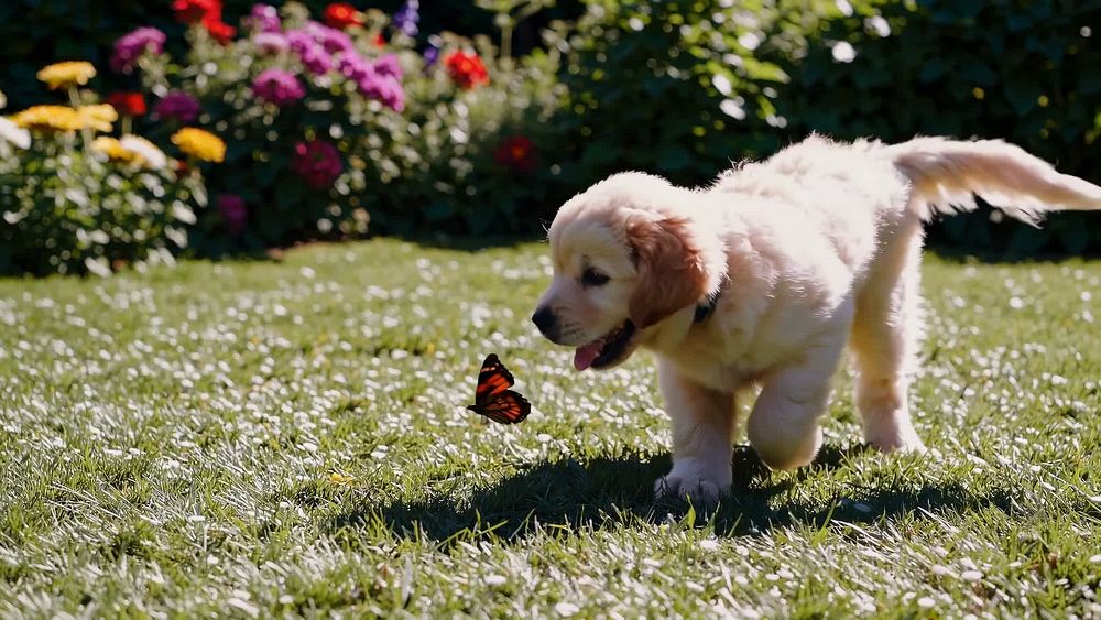 playful puppy chases butterfly garden | Free Video - rawpixel