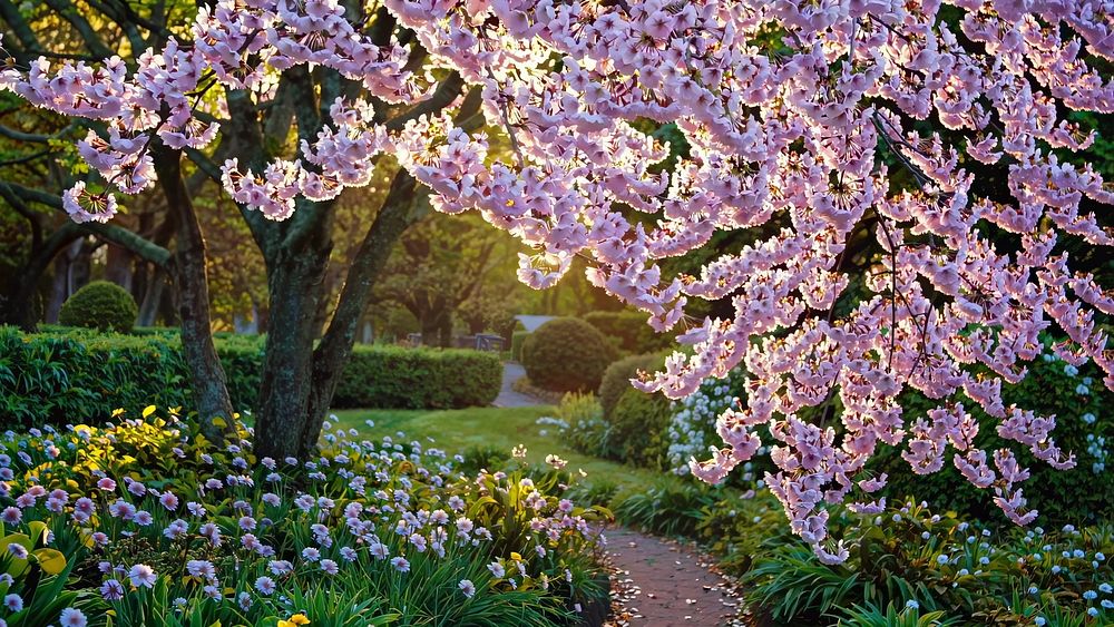 serene garden path blooming cherry | Free Video - rawpixel