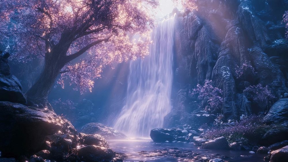 Ethereal waterfall scene soft, purple | Free Video - rawpixel