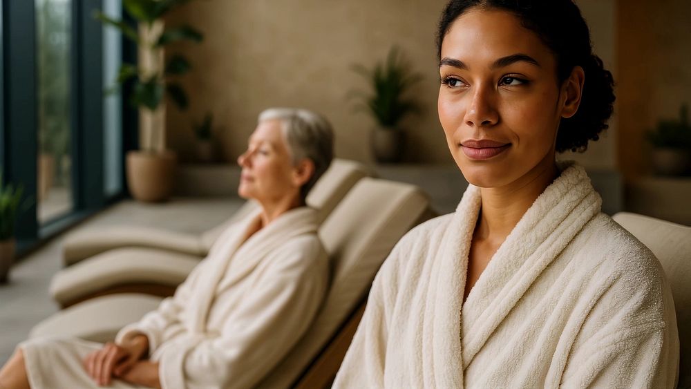 Two women spa robes relax | Free Video - rawpixel