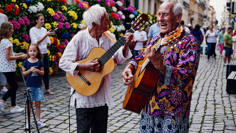 Street musicians joyfully play guitars | Free Video - rawpixel