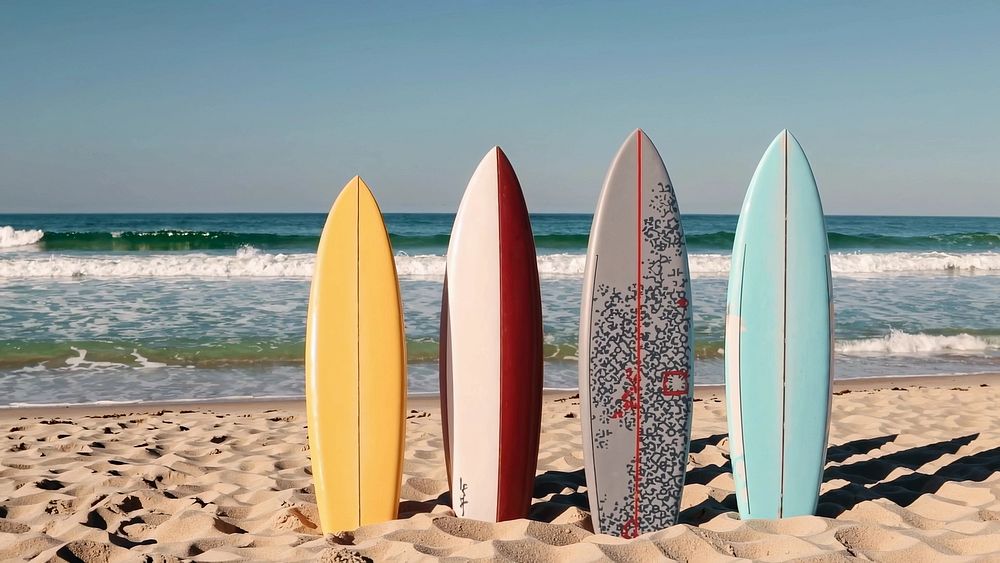 Four colorful surfboards stand upright | Free Video - rawpixel