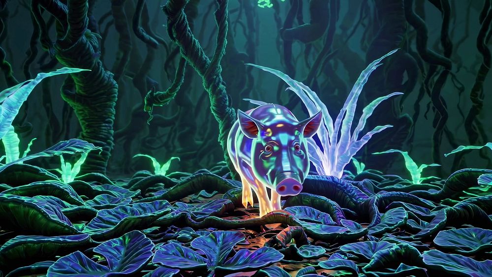 neon-colored boar mystical forest, captured | Free Video - rawpixel