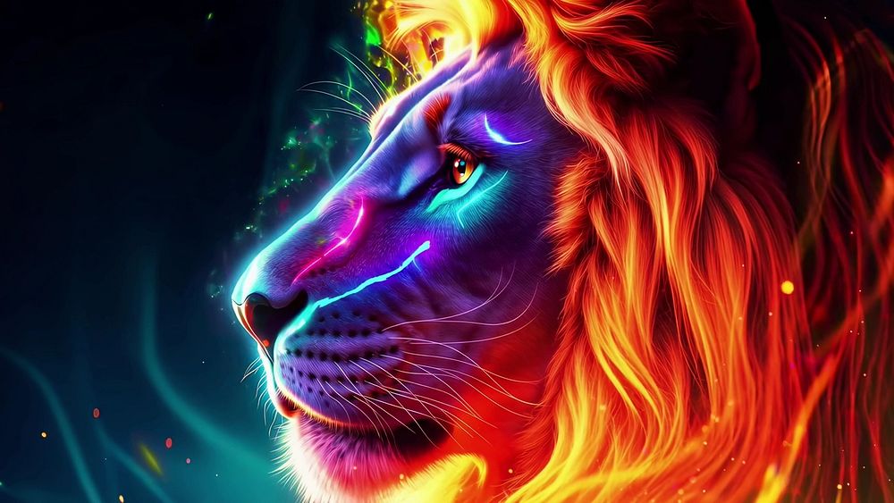 Vibrant, neon lion profile fiery | Free Video - rawpixel