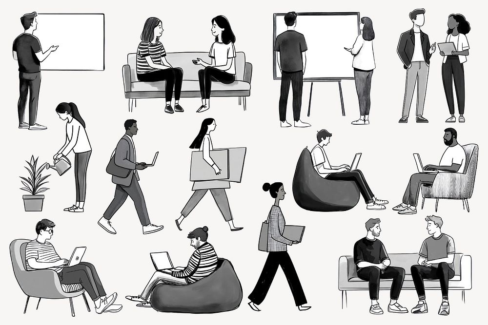 Diverse modern workplace illustrations, editable | Premium Editable ...