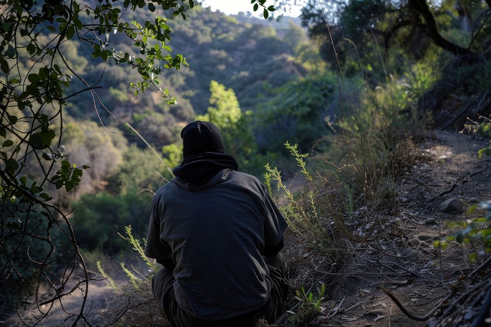 Homeless sitting hill photography backpacking | Free Photo - rawpixel
