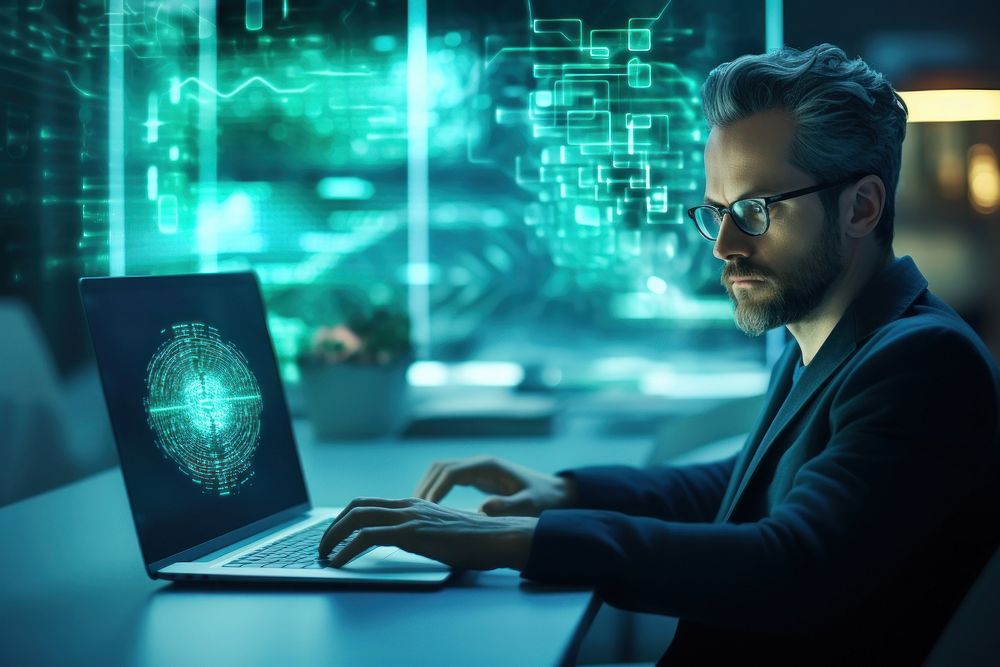 Holographic data laptop screen man. | Free Photo - rawpixel