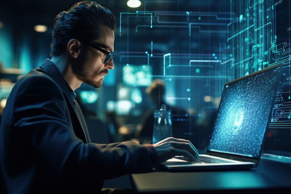 Holographic data laptop screen man. | Free Photo - rawpixel