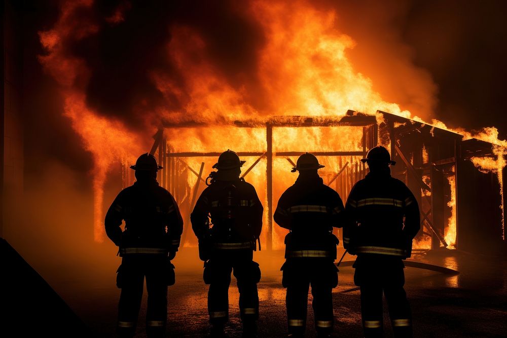 Silhouette three firemen flame bonfire | Free Photo - rawpixel