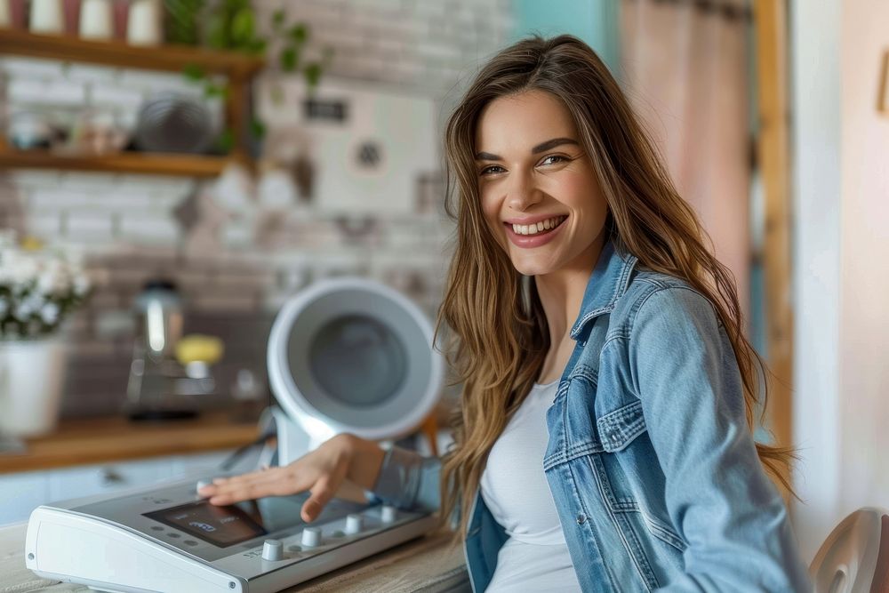 Happy pregnant woman electronics dimples | Free Photo - rawpixel
