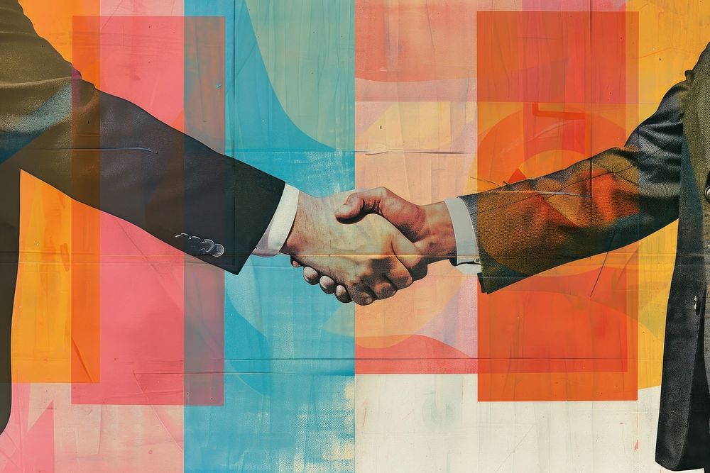 Retro collage 2 businessman shaking | Free Photo Illustration - rawpixel