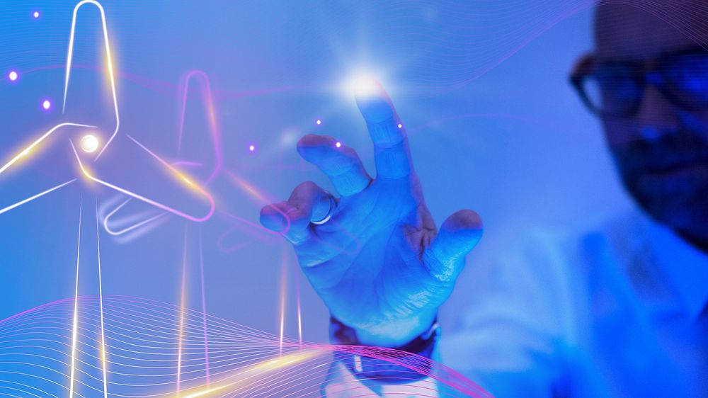 Man touching futuristic blue screen | Free Photo Illustration - rawpixel