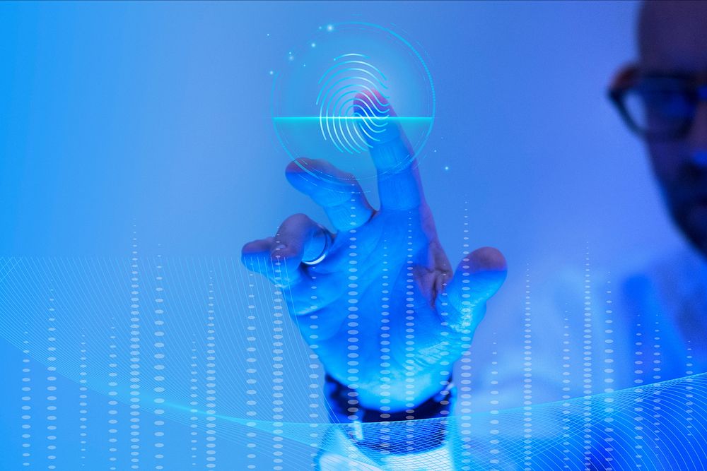 Man touching futuristic blue screen | Free Photo Illustration - rawpixel