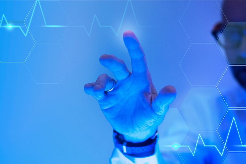 Man touching futuristic blue screen | Free Photo Illustration - rawpixel