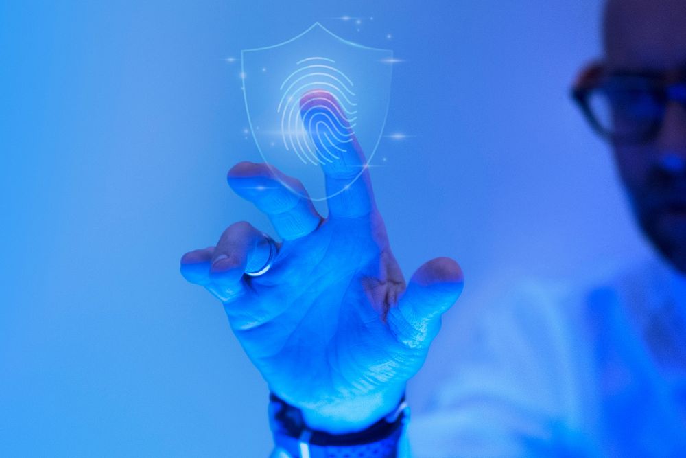 Man touching futuristic blue screen | Free Photo Illustration - rawpixel