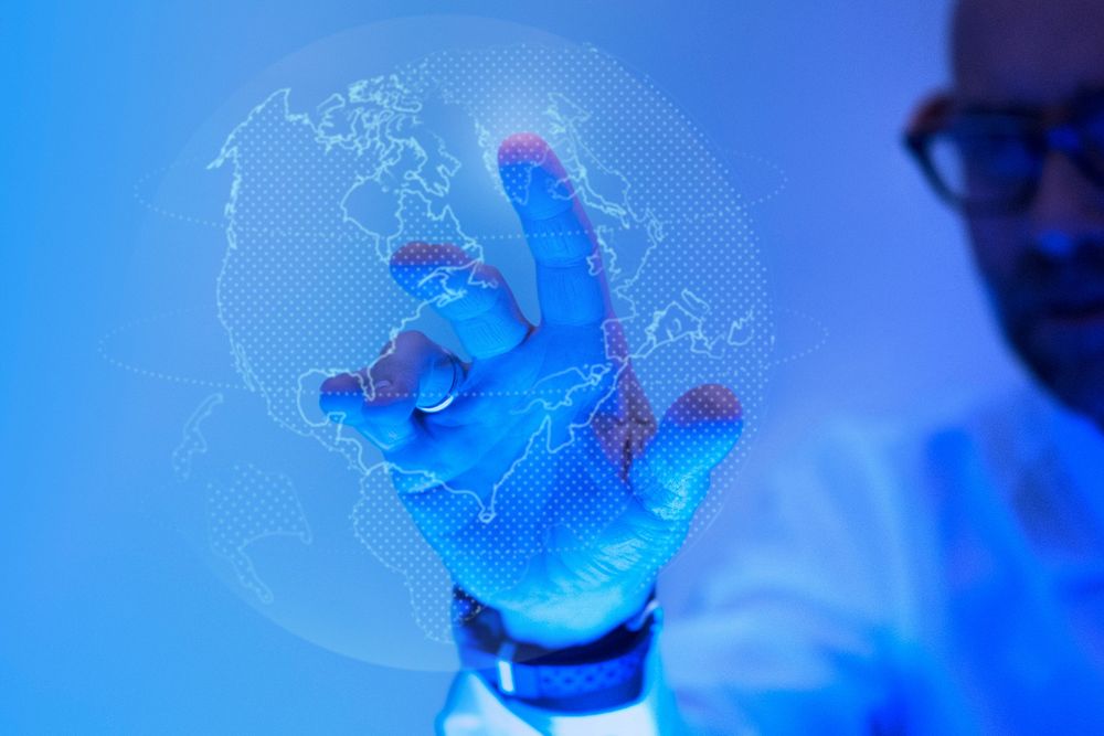 Man touching futuristic blue screen | Free Photo Illustration - rawpixel