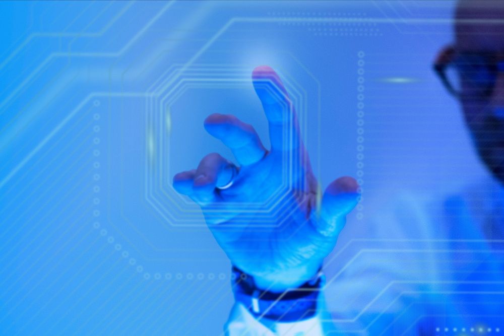 Man touching futuristic blue screen | Free Photo Illustration - rawpixel