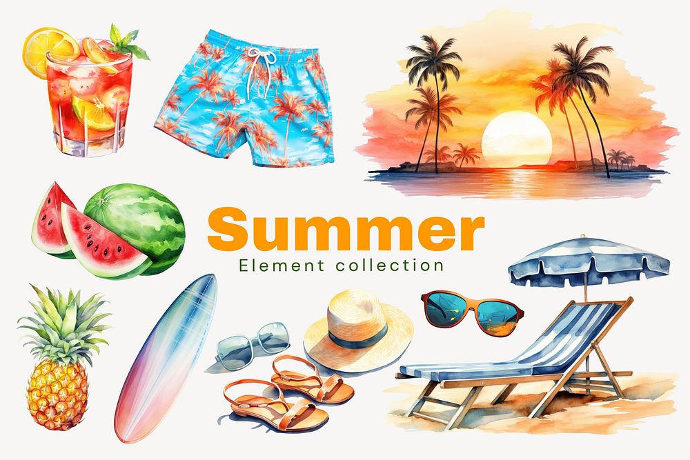 Watercolor summer isolated image set | Free Photo - rawpixel