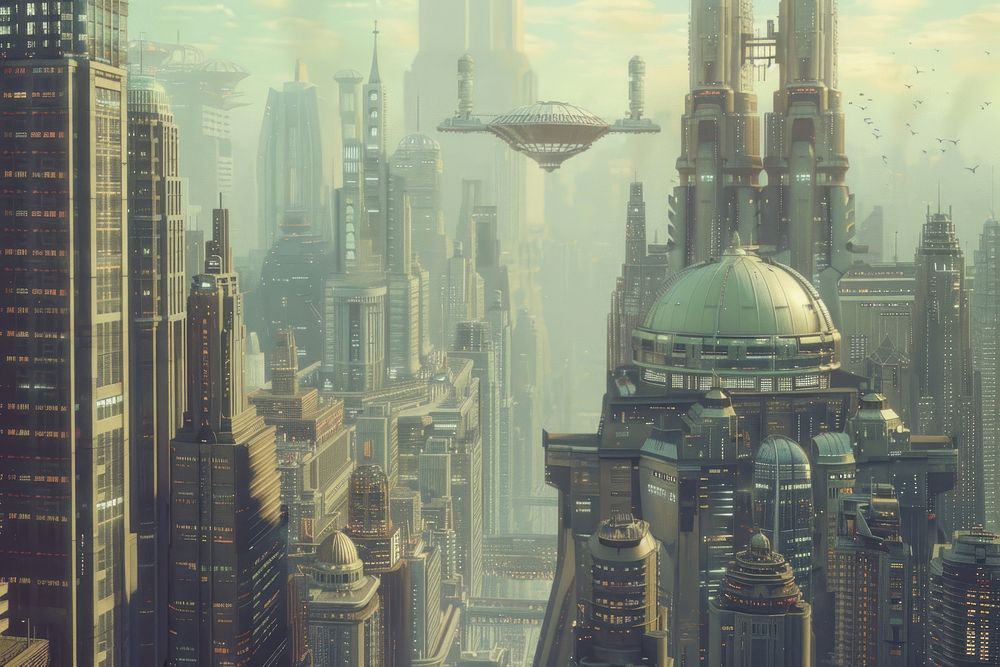 Flying platforms transportation skyscraper cityscape. | Free Photo ...