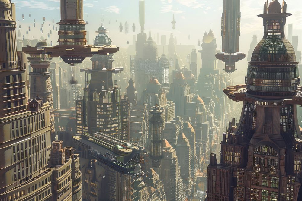 Flying platforms skyscraper cityscape person. | Free Photo - rawpixel