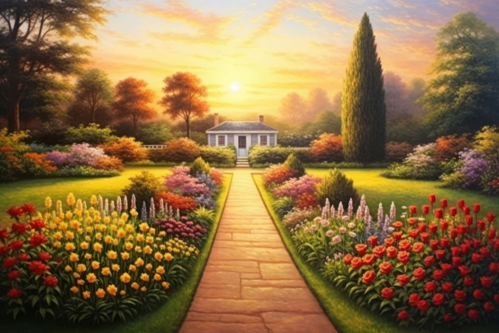 Sunlight flower garden painting art | Free Photo Illustration - rawpixel