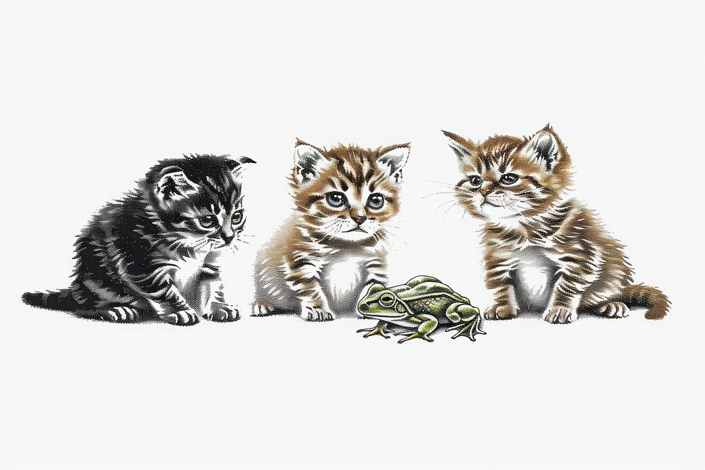 Kittens observing curious frog | Free Photo Illustration - rawpixel