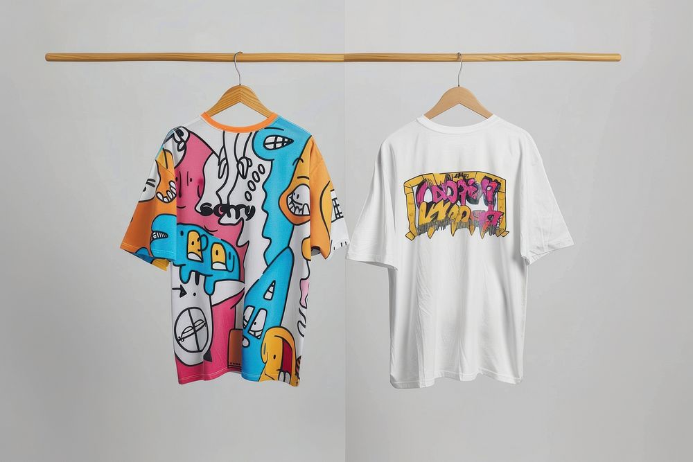 Colorful graffiti-style t-shirts displayed | Free Photo - rawpixel