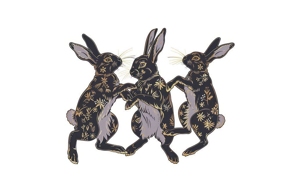 Three floral-patterned dancing rabbits | Free Photo Illustration - rawpixel