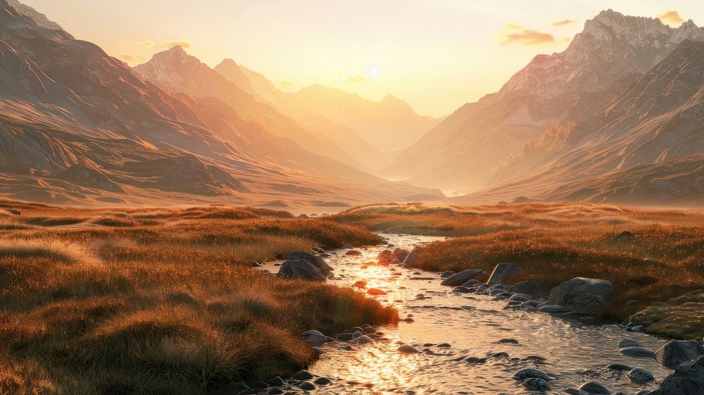 Serene mountain valley stream sunset | Free Photo - rawpixel