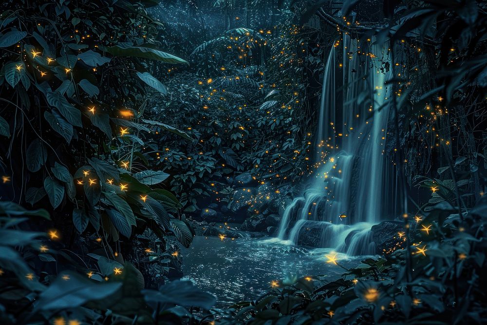 Enchanted waterfall glowing fireflies | Free Photo Illustration - rawpixel