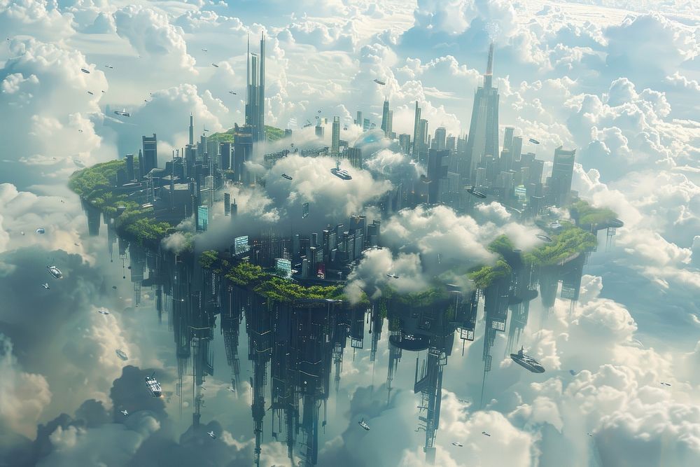 Futuristic floating city in clouds | Free Photo Illustration - rawpixel