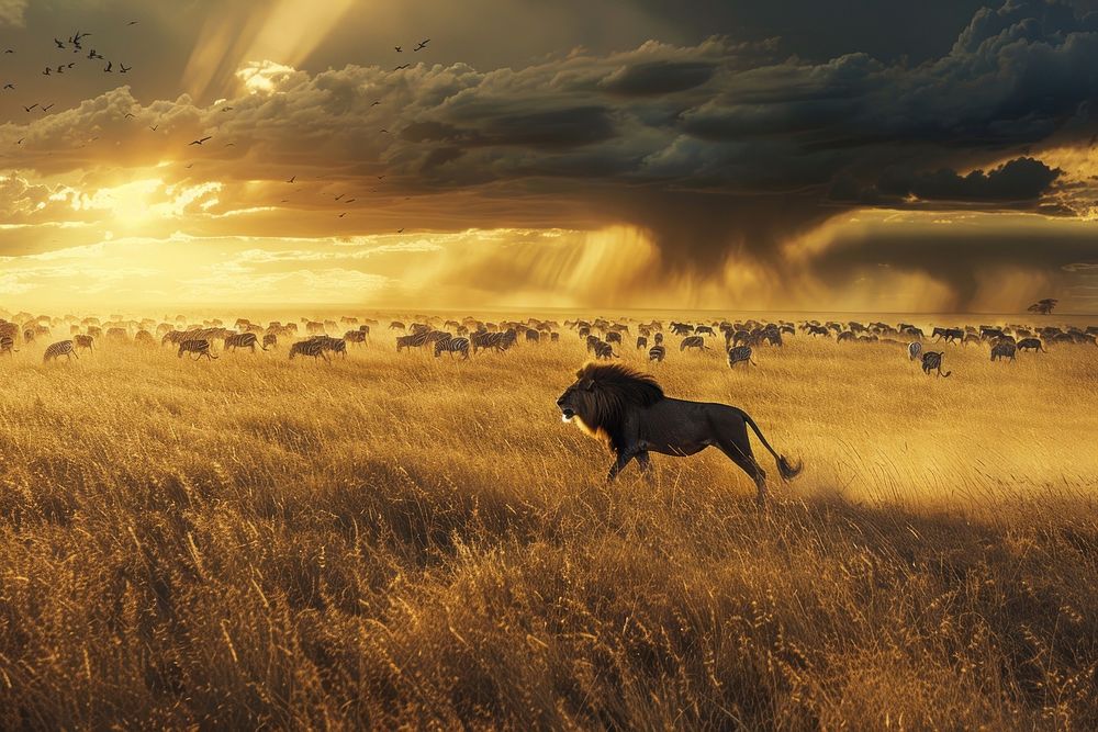 Lion chasing wildebeest stormy savannah | Free Photo - rawpixel