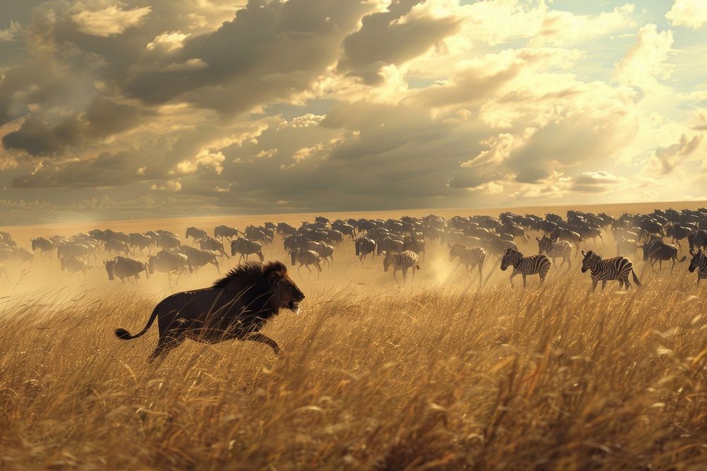 Lion chasing wildebeest in savannah | Free Photo - rawpixel