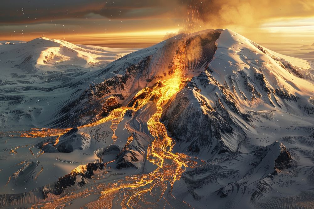 Fiery volcanic eruption amidst snow | Free Photo Illustration - rawpixel