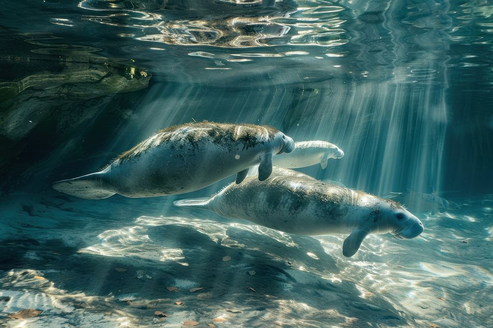 Graceful manatees underwater sunlight | Free Photo - rawpixel