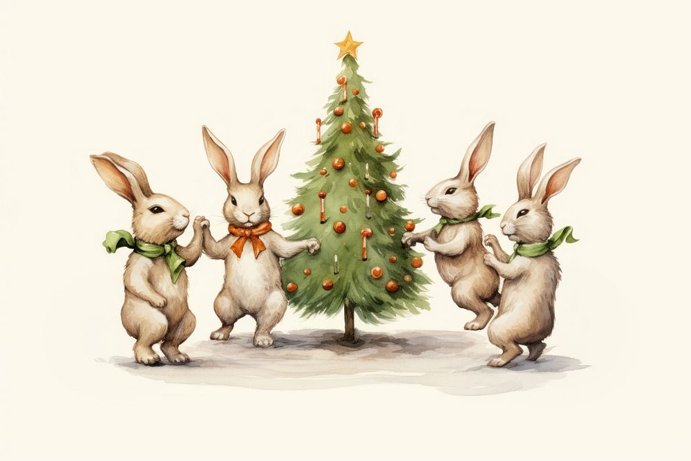 Rabbits decorating Christmas tree | Free Photo Illustration - rawpixel