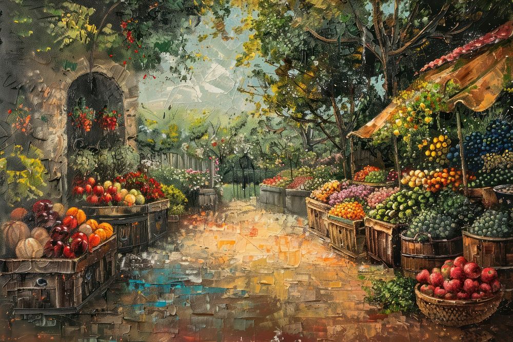 Colorful market scene painting | Free Photo Illustration - rawpixel