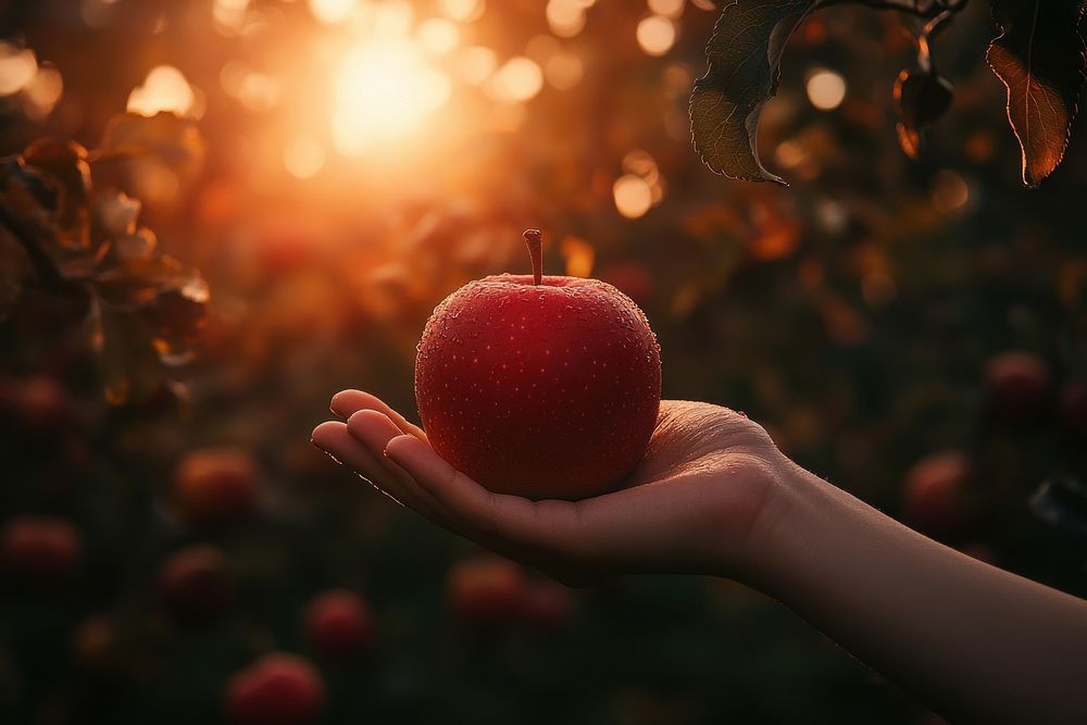 Holding red apple sunset orchard | Free Photo - rawpixel